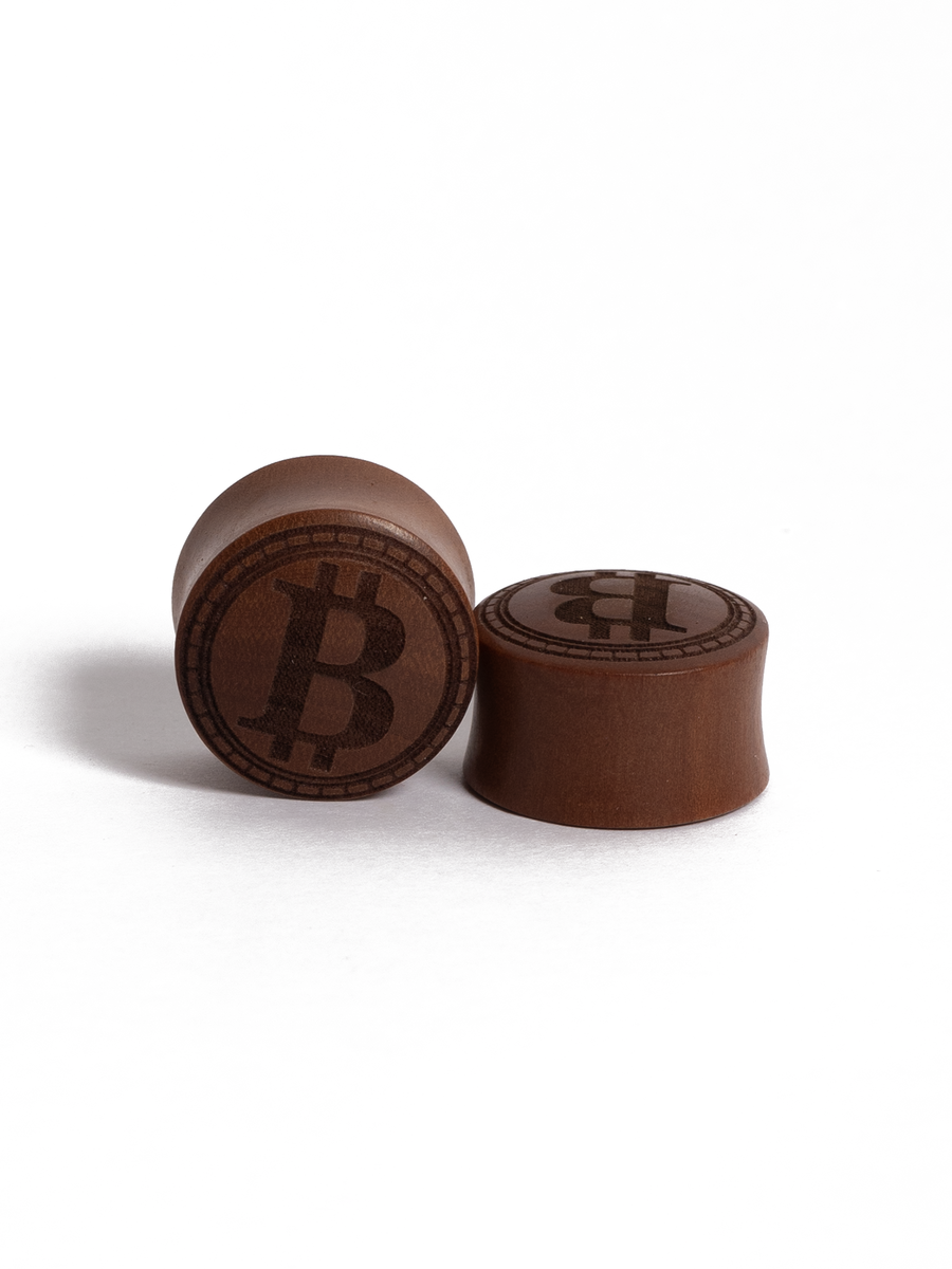 Engraved Wood Plugs | Bit Coin Earrings | Wood Guages – PlugYourHoles.com